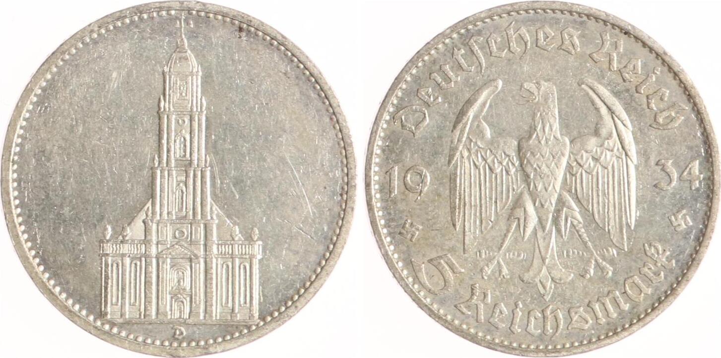 Drittes Reich 5 Reichsmark 1934 D Garnisonkirche ohne Datum. EF | MA-Shops