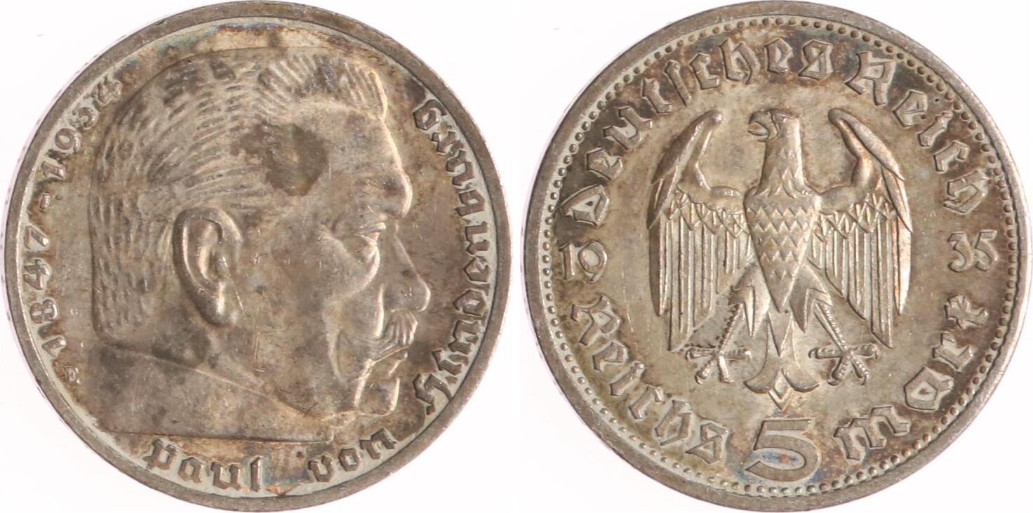 Drittes Reich 5 Reichsmark 1935 E Paul von Hindenburg - ohne Hakenkreuz ...