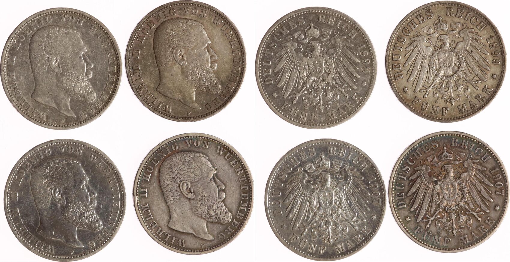 Württemberg 4 x 5 Mark 1898 F, 1899 F, 1907 F Wilhelm II. 1891-1918. VF ...