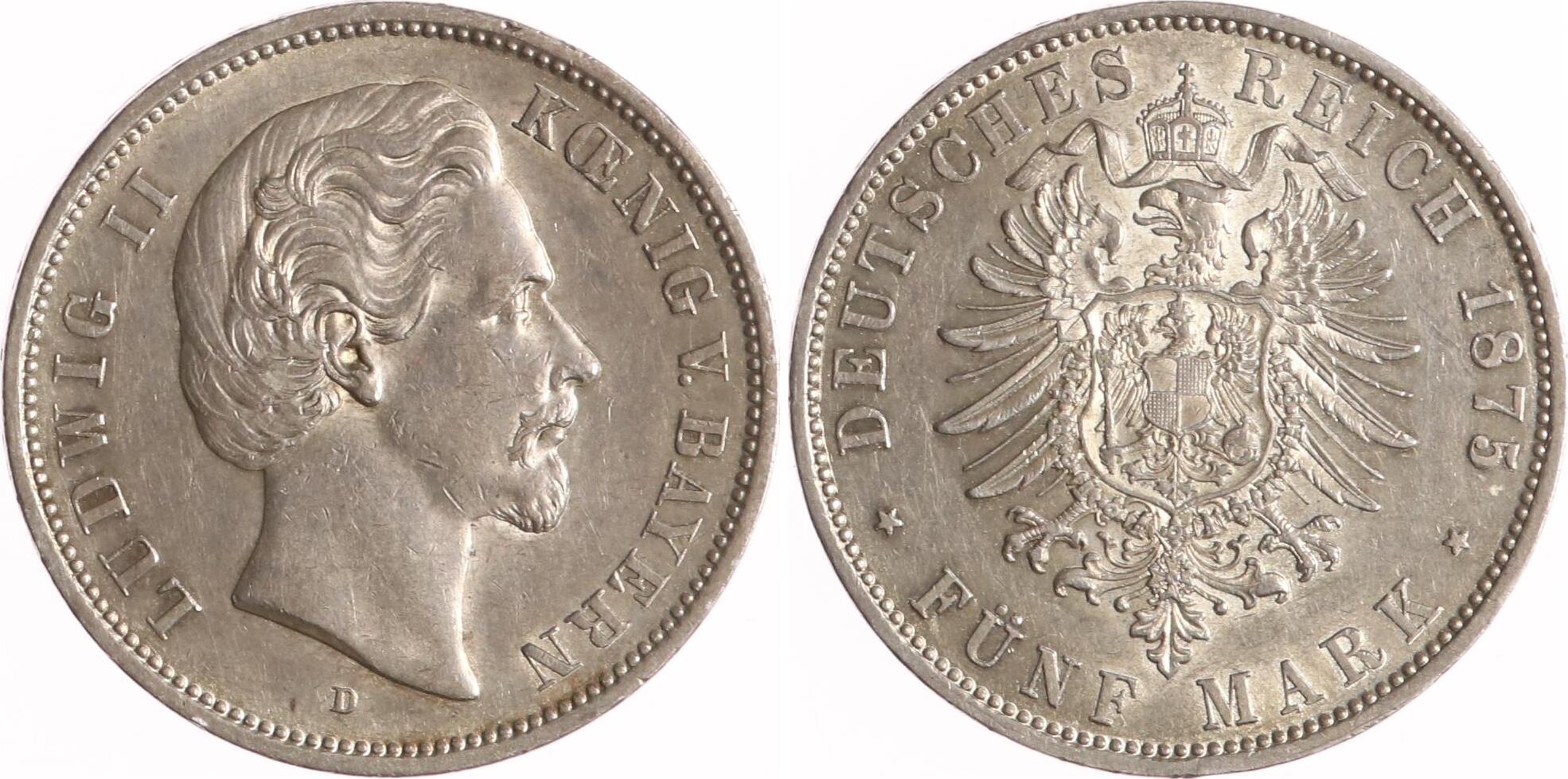 Bayern 5 Mark 1875 D Ludwig II. 1864-1886. Fast Vorzüglich | MA-Shops