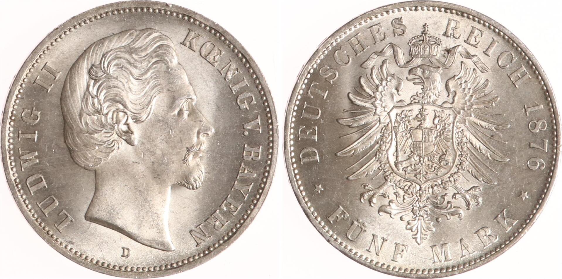 Bayern 5 Mark 1876 D Ludwig II. 1864-1886. CH UNC, Prachtexemplar | MA ...