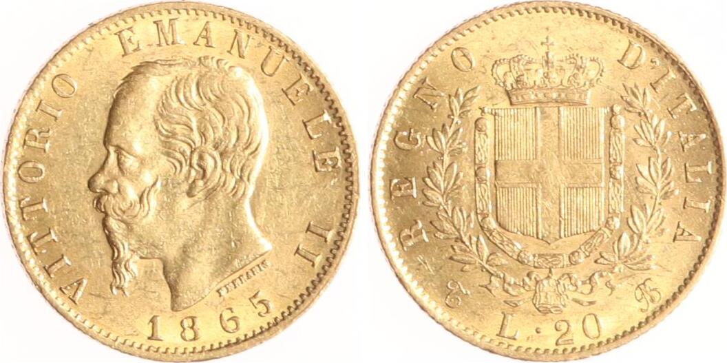 Italien 20 Lire 1865 Vittorio Emanuele II. 1861-1878. EF | MA-Shops