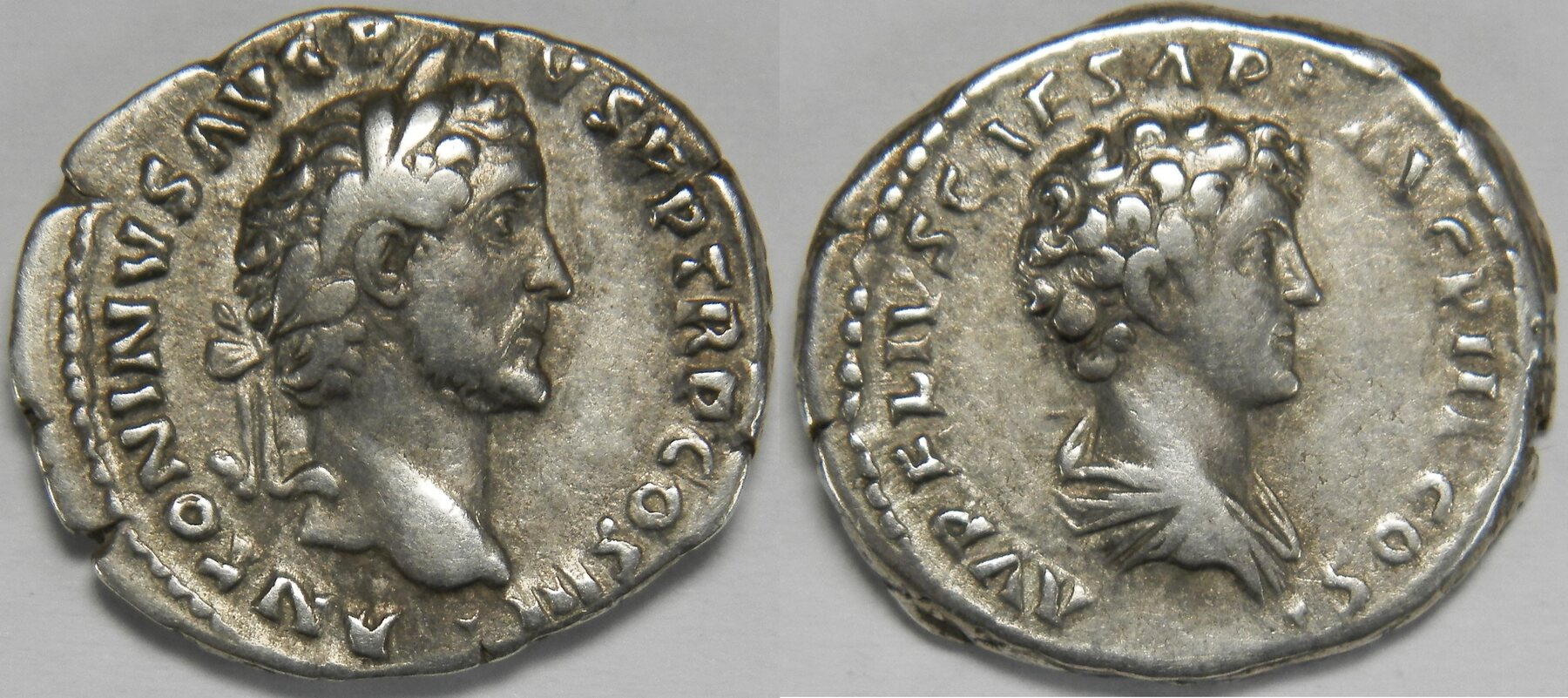 Roman Empire AR Denarius AD 141-143 Antoninus Pius and Marcus Aurelius ...