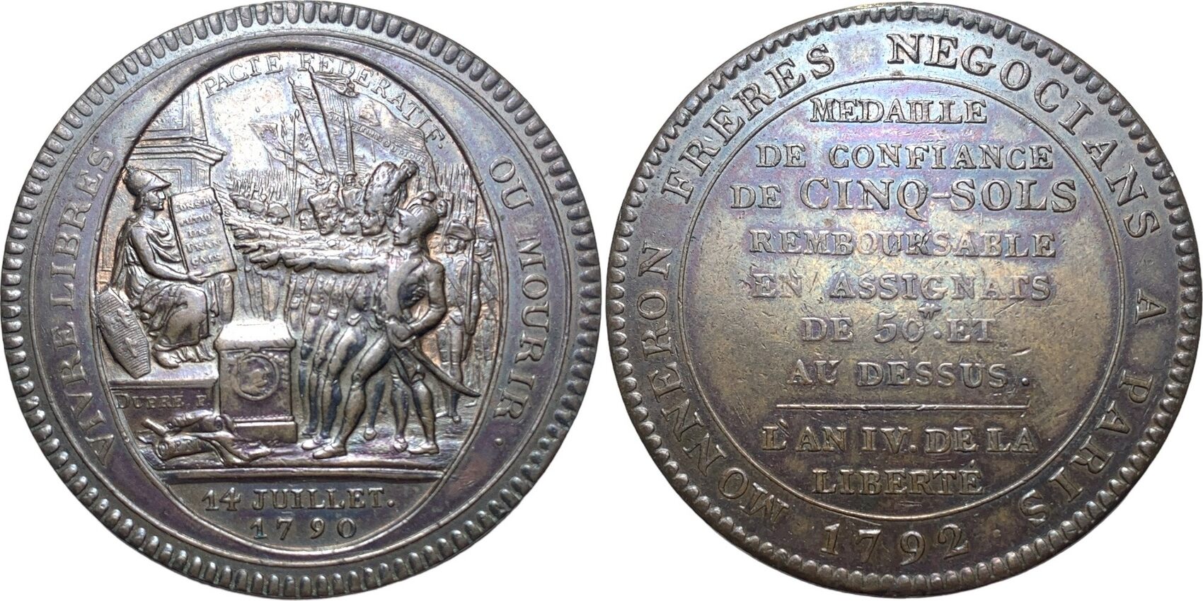 France 1792 AD. Convention française, Monneron de 5 sols au serment ...