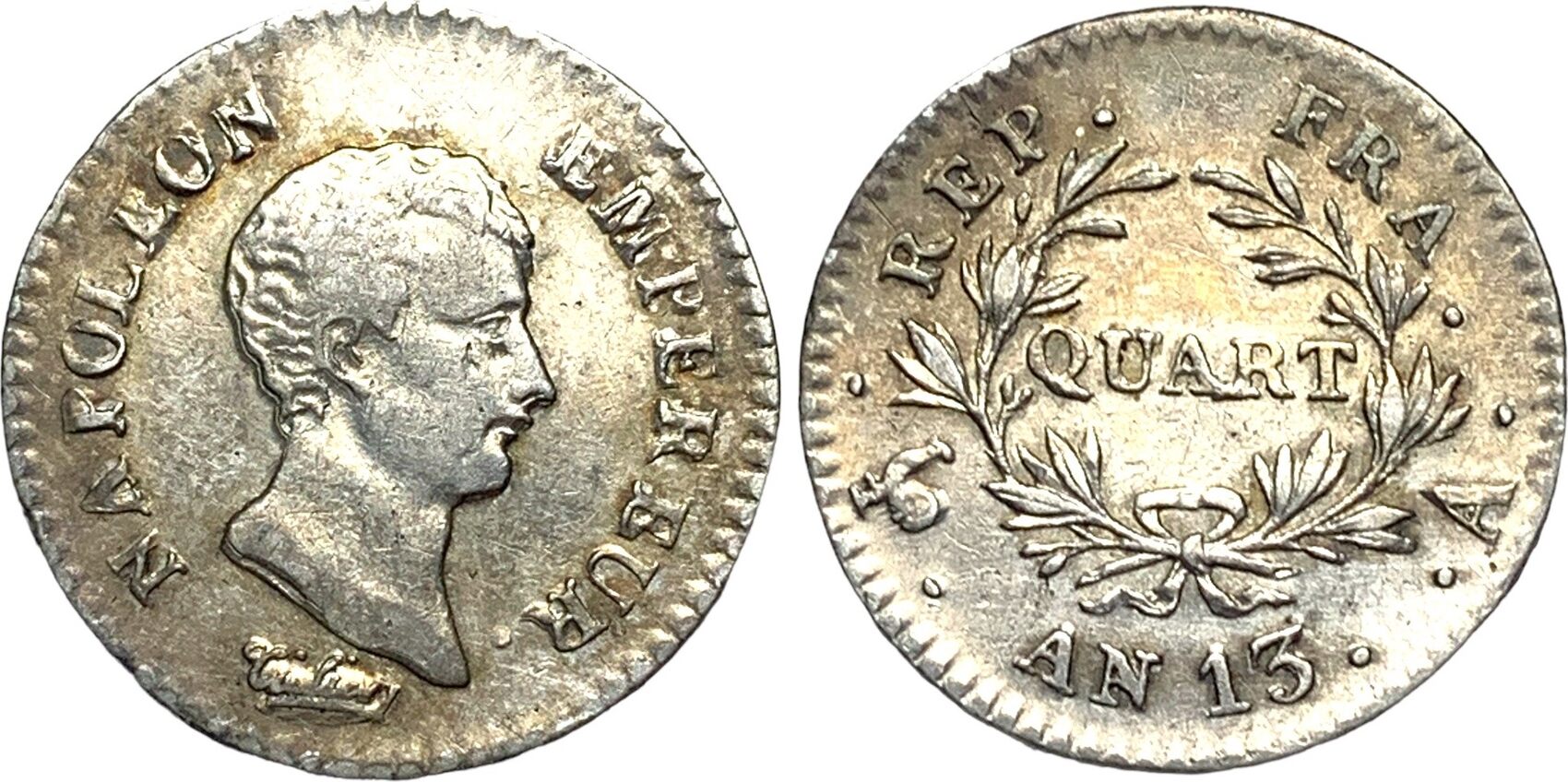 1805 AD. France, Napoléon I, 1/4 franc, An 13, Paris, presque SUP VF+ ...