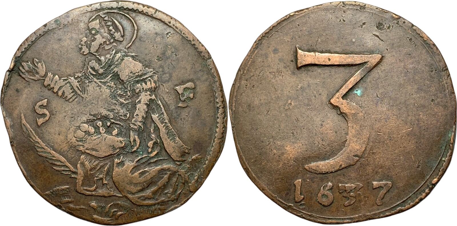 Méreau de 3 1637 AD. France, rare méreau de la paroisse de St Etienne ...