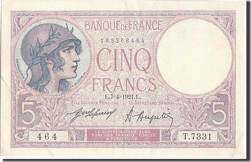 France 5 Francs 1921 Banknote, 5 F 1917-1940 ''Violet'', 1921-04-07 EF ...