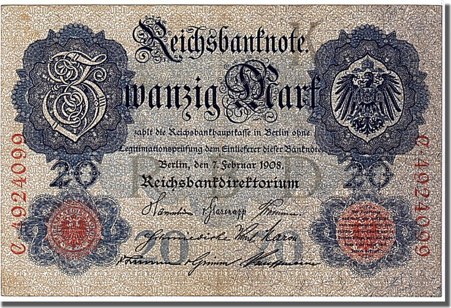 Germany 20 Mark 1908 Banknote, 1908-02-07 EF(40-45) | MA-Shops