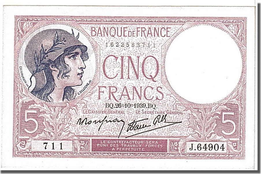 France 5 Francs 1939 Banknote, 5 F 1917-1940 ''Violet'', 1939-10-26 UNC ...