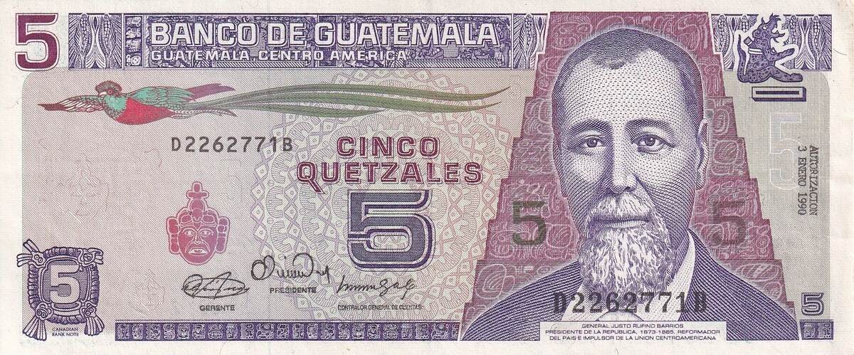 Guatemala 5 Quetzales 1990 Banknote, 1990-01-03, KM:74a AU(55-58) | MA ...