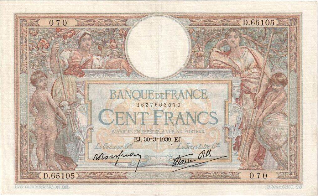 France 100 Francs 1939 Luc Olivier Merson, 1939-03-30, D.65105 AU(55-58) | MA-Shops