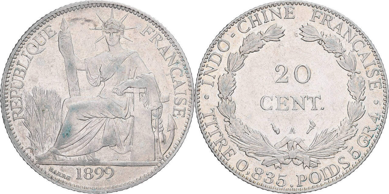 French Indochina 20 Centièmes 1899 Paris Paris, Silver, KM:10 EF(40-45 ...