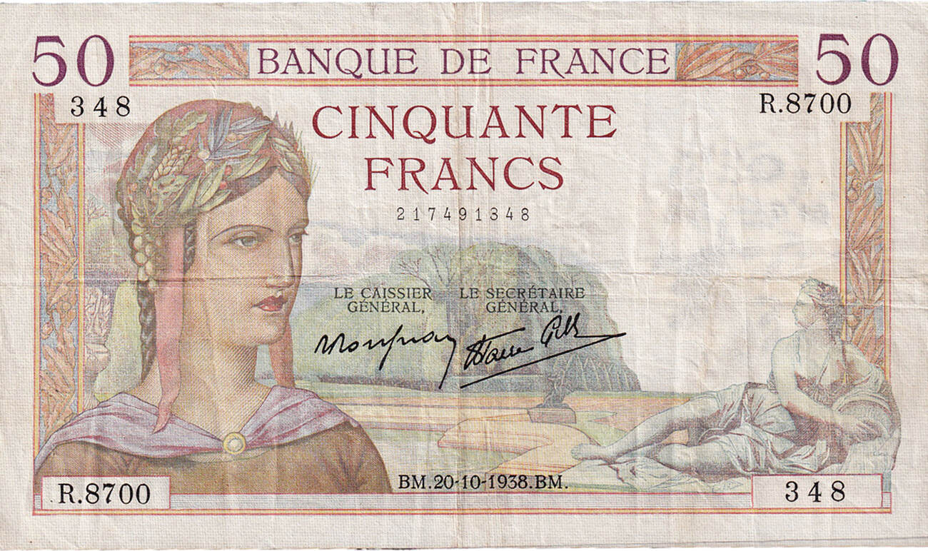 France 50 Francs 1938 Cérès, R.8700, Fayette:18.16, KM:85b VF(30-35) | MA-Shops