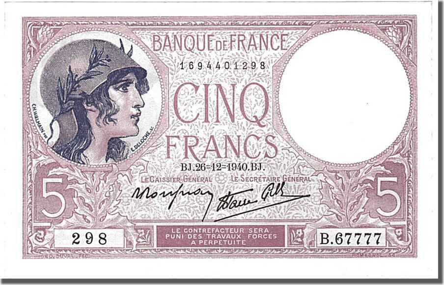 France 5 Francs 1940 Banknote, 5 F 1917-1940 ''Violet'', 1940-12-26 UNC ...