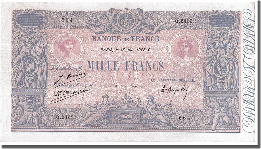 France 1000 Francs 1926 Banknote, 1 000 F 1889-1926 ''Bleu et Rose'' AU ...