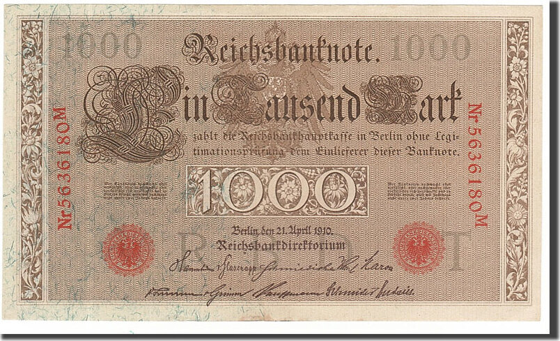 Germany 1000 Mark 1910 Banknote, 1910-04-21 UNC(63) | MA-Shops