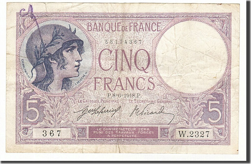 France 5 Francs 1918 Banknote, 5 F 1917-1940 ''Violet'', 1918-06-08 VF ...