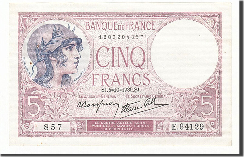 France 5 Francs 1939 Banknote, 5 F 1917-1940 ''Violet'', 1939-10-05 UNC ...