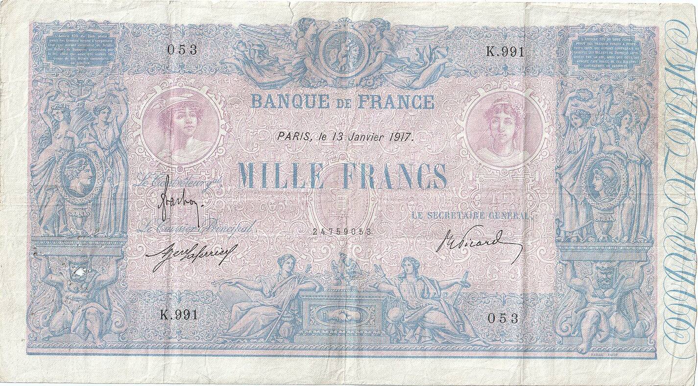 France 1000 Francs 1917 Bleu et Rose, 1917-01-13, K.991 VF(20-25) | MA-Shops