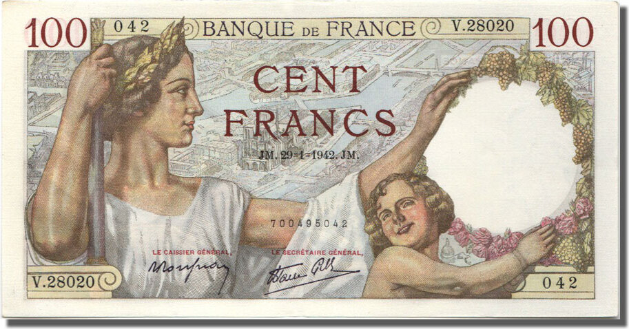 France 100 Francs 1942 Banknote, 100 F 1939-1942 ''Sully'', 1942-01-29 UNC(65-70) | MA-Shops
