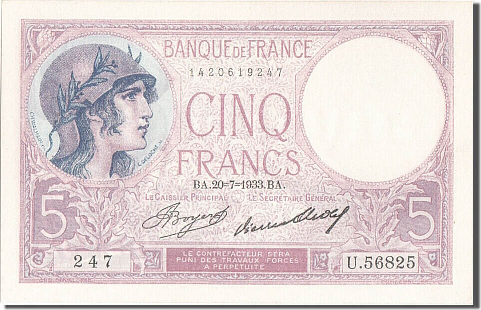 France 5 Francs 1933 Banknote, 5 F 1917-1940 ''Violet'', 1933-07-20 UNC ...
