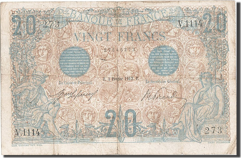 France 20 Francs 1912 Banknote, 20 F 1905-1913 ''Bleu'', 1912-02-01 EF ...