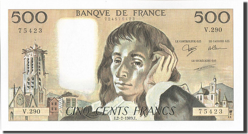 France 500 Francs 1989 Banknote, 500 F 1968-1993 ''Pascal'', 1989-02-02 ...
