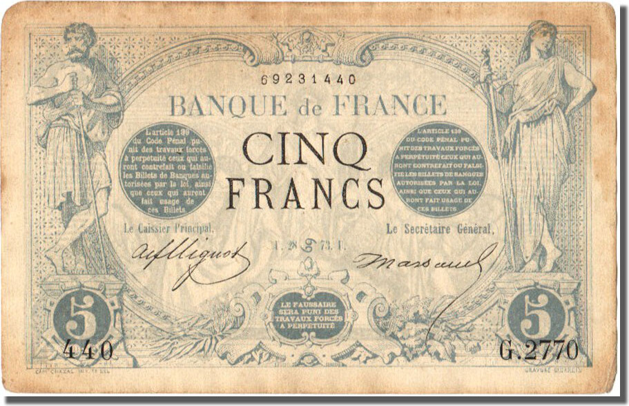 France 5 Francs 1873 Banknote, 5 F 1871-1874 ''Noir'', 1873-06-28 UNC ...