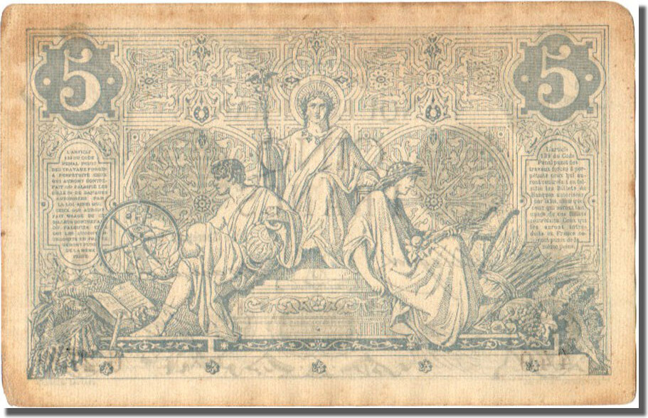France 5 Francs 1873 Banknote, 5 F 1871-1874 ''Noir'', 1873-06-28 UNC ...
