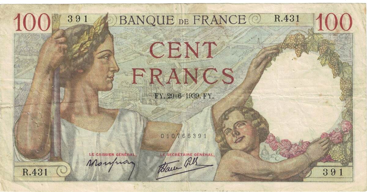France 100 Francs 1939 Sully, R.431, Fayette:26.04, KM:94 VF(30-35) | MA-Shops