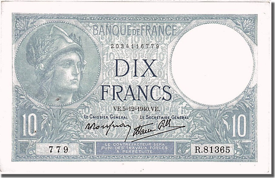 France 10 Francs 1940 Banknote, 10 F 1916-1942 ''Minerve'', 1940-12-05 ...