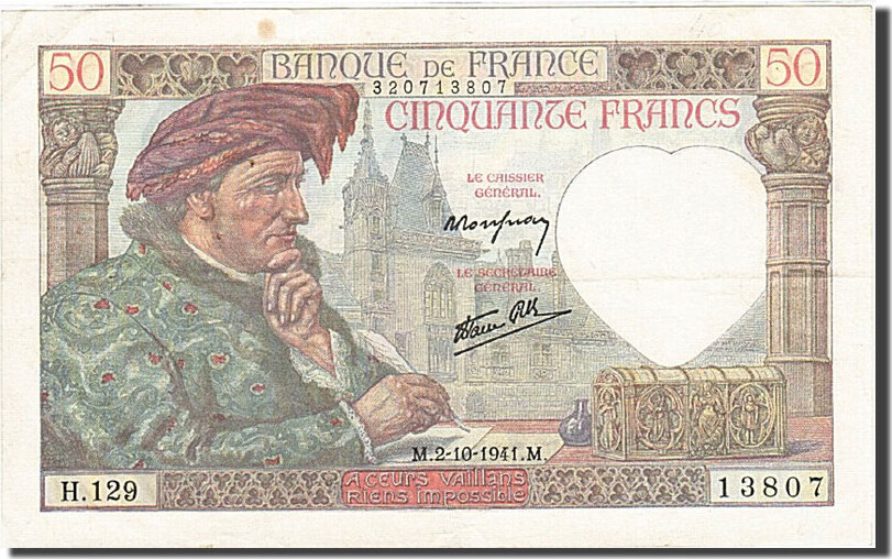 France 50 Francs 1941 Banknote, 1941-10-02, Fayette:19.15, KM:93 EF(40 ...