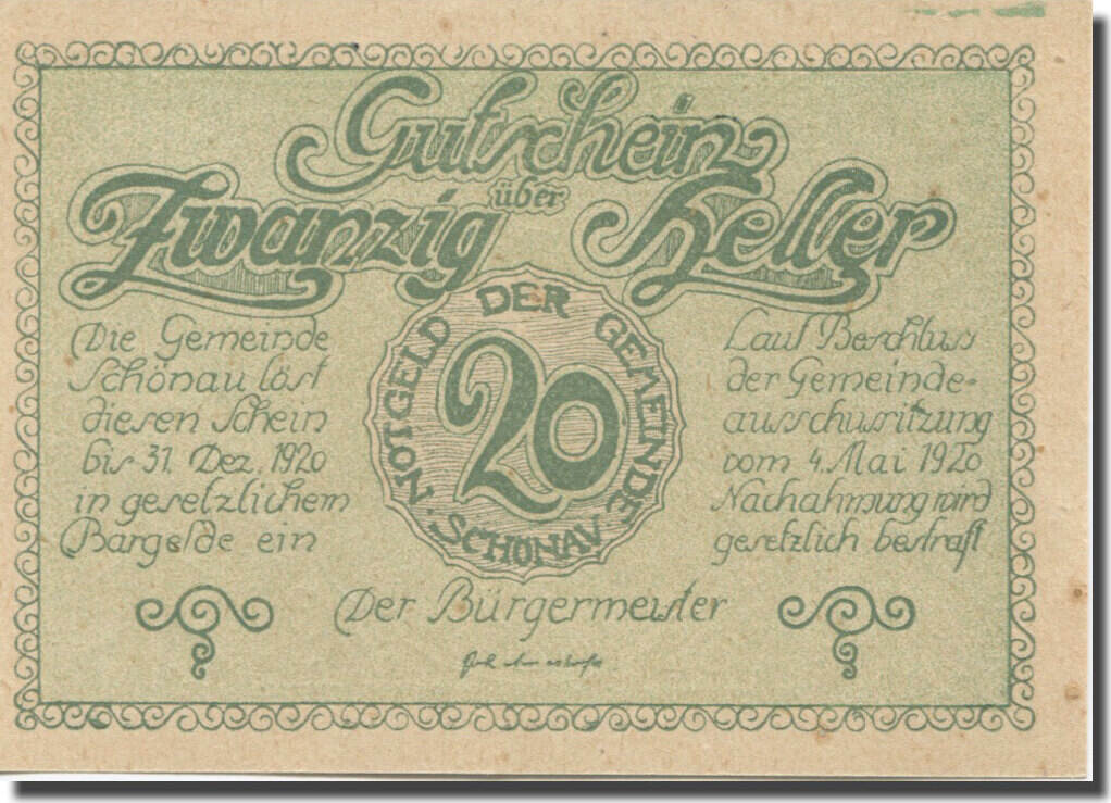 Austria 20 Heller Banknote, Schonau, champs, 1920 UNC(65-70) Mehl:FS ...