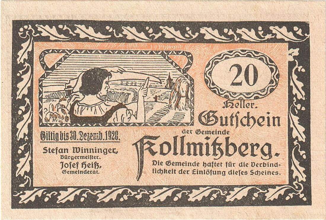 Austria 20 Heller 1920 Banknote, Kollmitzberg, Eglise, UNC(63) Mehl:FS ...