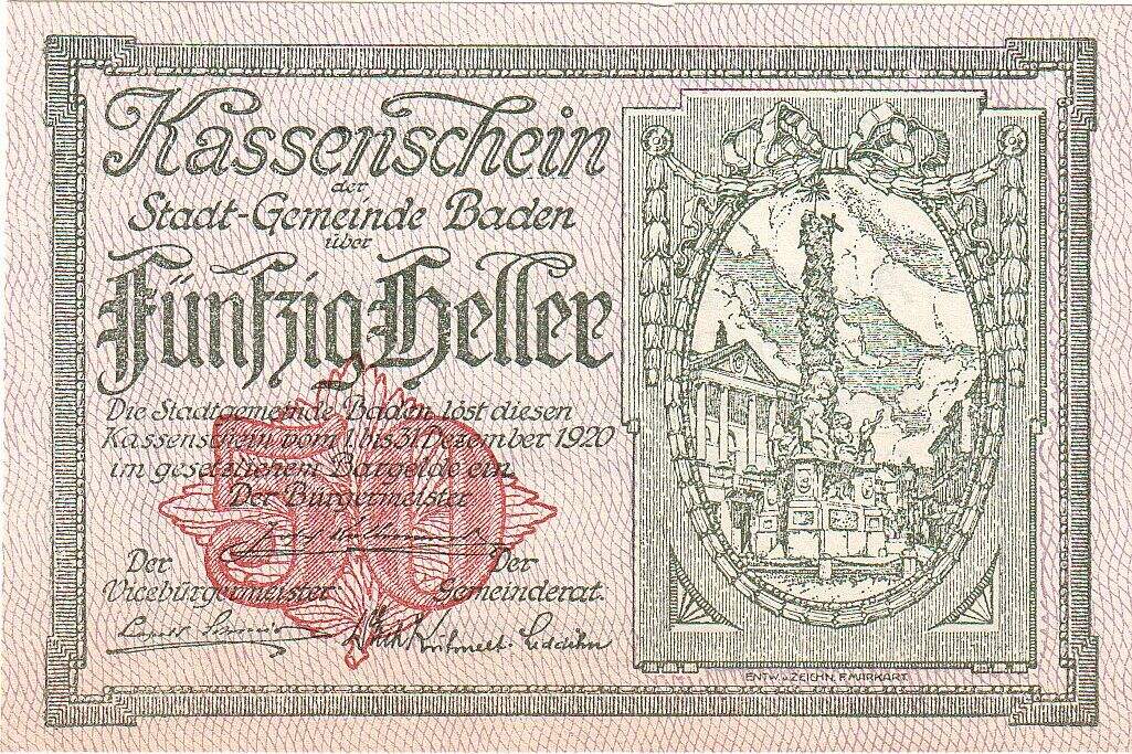 Austria 50 Heller Banknote, Baden, Monument, 1920 UNC(63) Mehl:FS 74a ...
