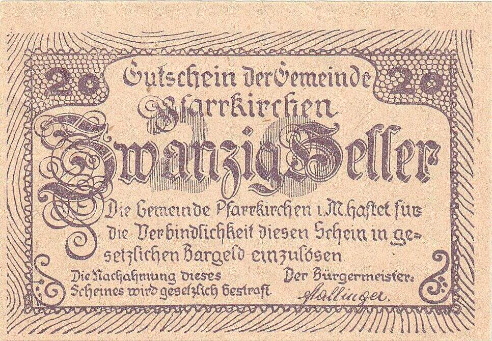 Austria 20 Heller Banknote, Pfarrkirchen, paysage, 1920 UNC(63) Mehl:FS ...