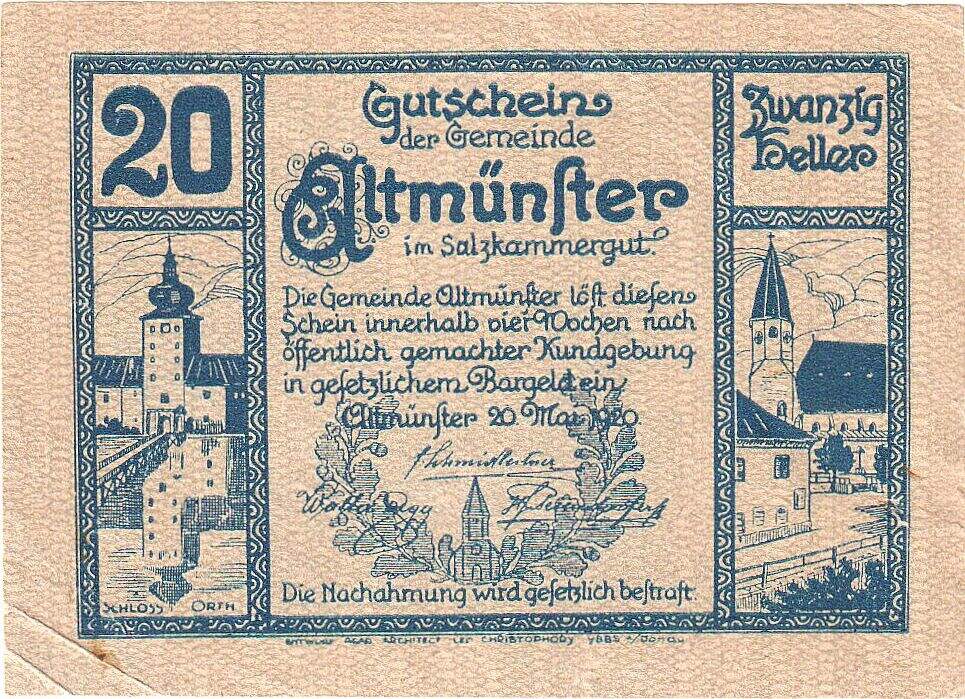 Austria 20 Heller Banknote, Altmünster, Eglise, 1920 UNC(63) Mehl:FS ...
