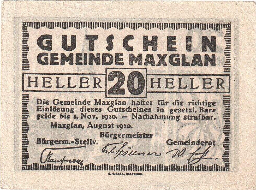 Austria 20 Heller 1920 Banknote, Maxglan, Eglise 1920-11-01, UNC(63 ...