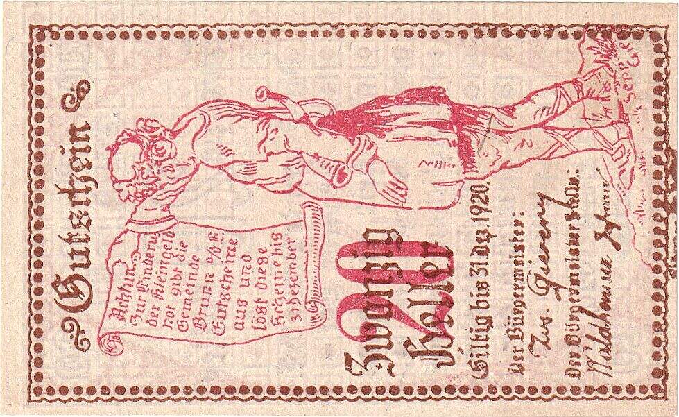 Austria 20 Heller 1920 Banknote, Brunn, personnage, UNC(63) Mehl:FS ...
