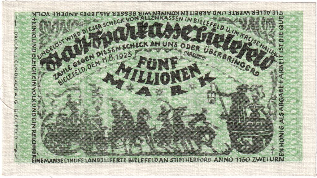 Germany 5 Millionen Mark 1923 Bielefeld, 1923-08-11, Linen, Grabowski ...