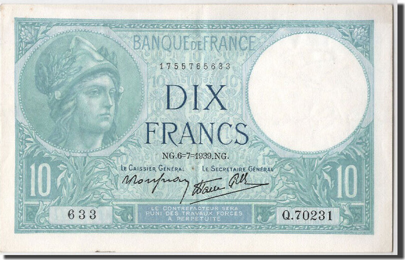 France 10 Francs 1939 Banknote, 10 F 1916-1942 ''Minerve'', 1939-07-06 ...