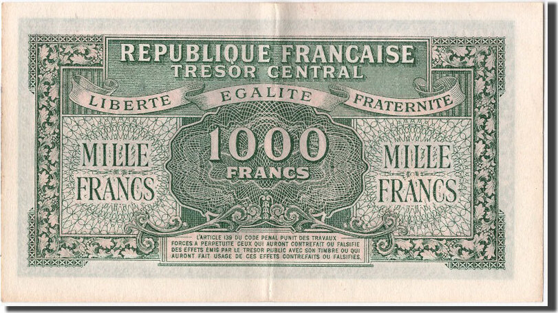 France 1000 Francs Banknote, 1943-1945 Marianne, Fayette:VF 12.1 UNC(60 ...
