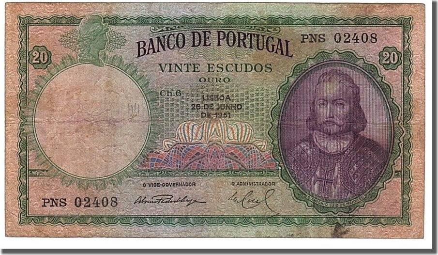 Portugal 20 Escudos 1951 Banknote, 1951-06-26 VF(30-35) | MA-Shops