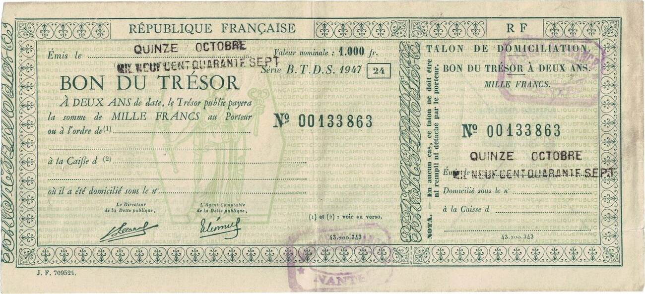 France 1000 Francs 1947 Nantes, Bon du Trésor AU(55-58) | MA-Shops