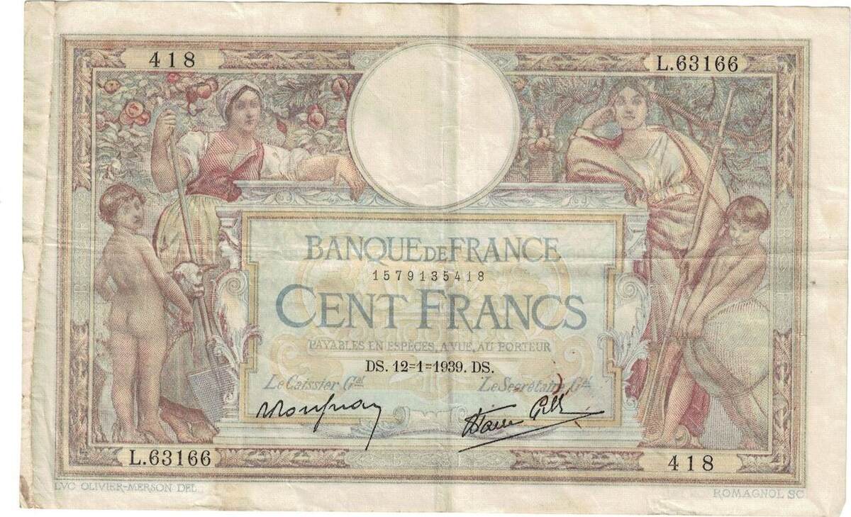 France 100 Francs 1939 Luc Olivier Merson, L.63166, Fayette:25.39 VF(30-35) | MA-Shops