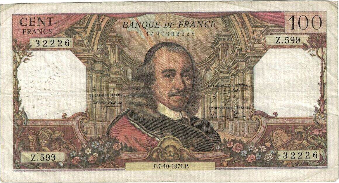 France 100 Francs 1971 Corneille, Z.599, Fayette:65.37, KM:149d VF(30-35) | MA-Shops