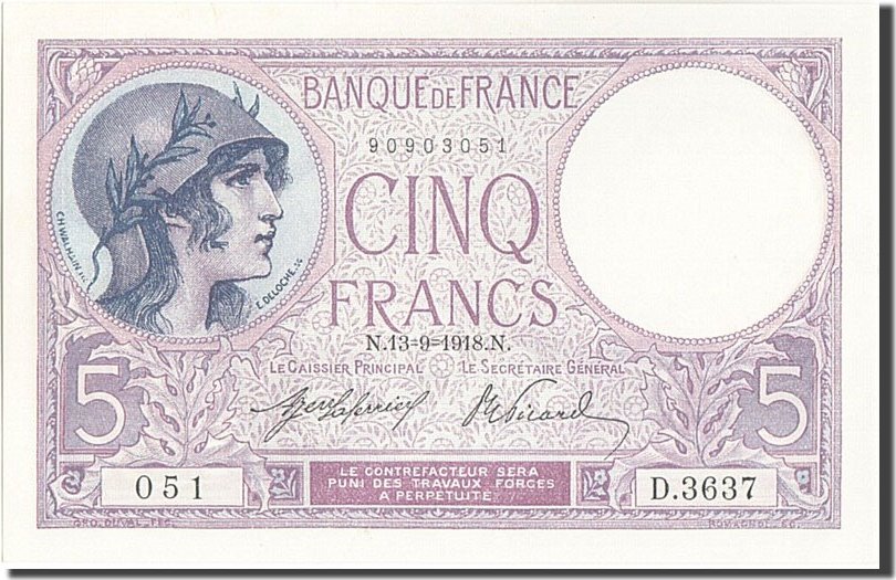 France 5 Francs 1918 Banknote, 5 F 1917-1940 ''Violet'', 1918-09-13 UNC ...