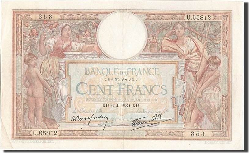 France 100 Francs 1939 Banknote, 100 F 1908-1939 ''Luc Olivier Merson'' EF(40-45) | MA-Shops