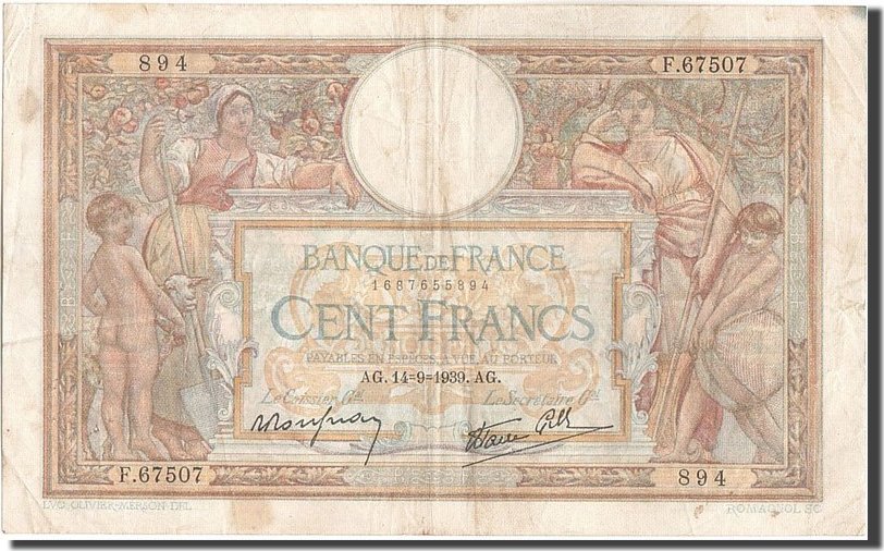France 100 Francs 1939 Banknote, 100 F 1908-1939 ''Luc Olivier Merson'' VF(30-35) | MA-Shops