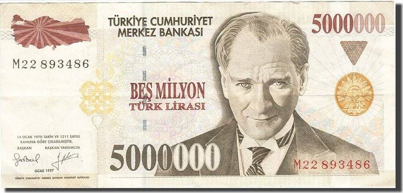 Turkey 5,000,000 Lira 1984-1997 Banknote, 1997, KM:210 EF(40-45) | MA-Shops